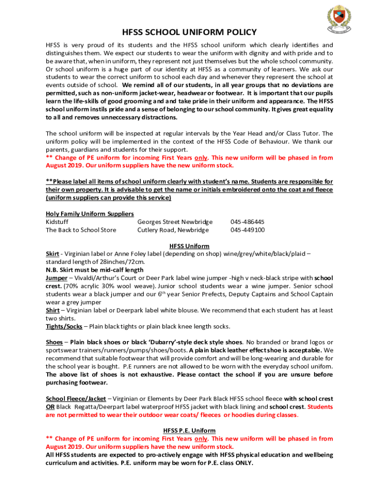 Fillable Online HFSS SCHOOL UNIFORM POLICY Fax Email Print - pdfFiller