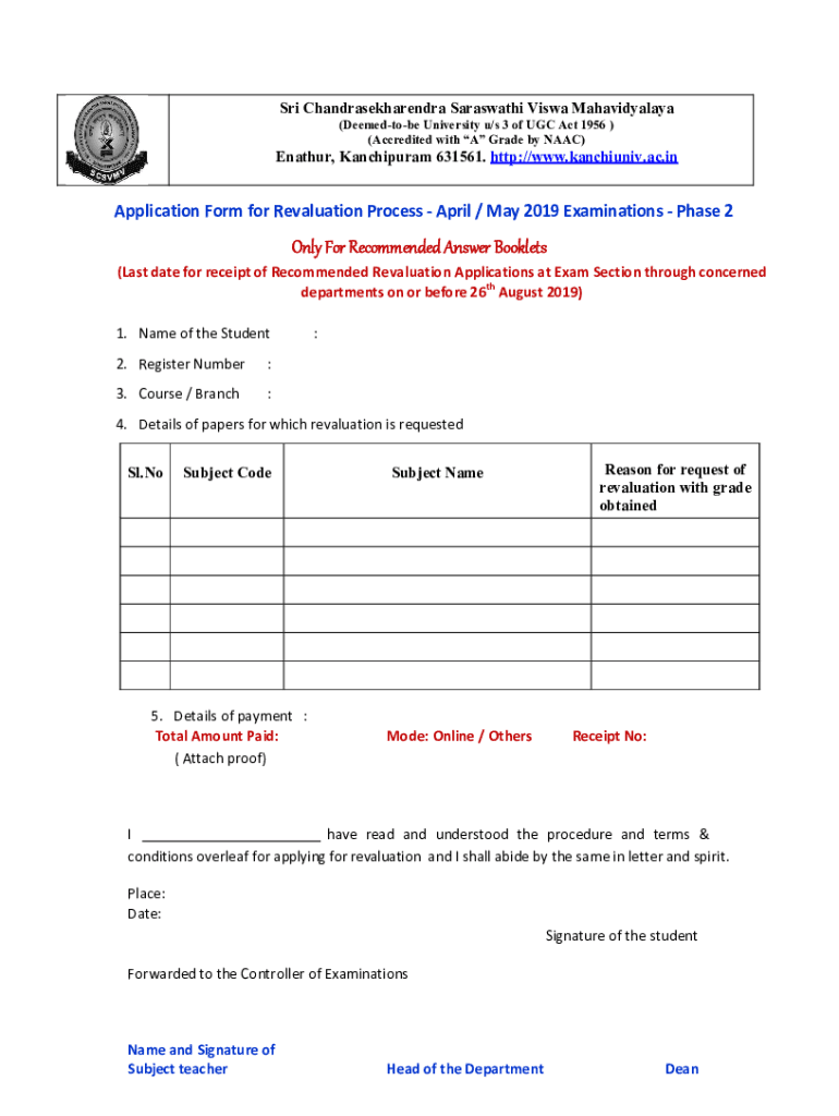 Fillable Online New Application Form for Revaluation & Procedure ...
