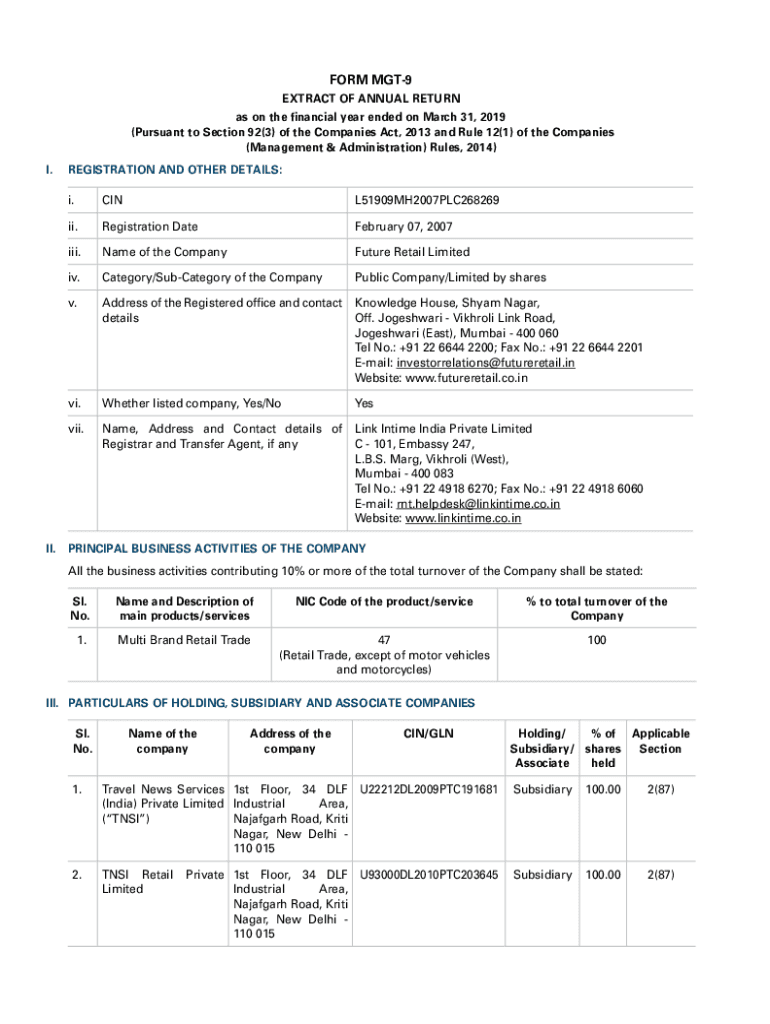 Fillable Online Form MGT-9 Extract of Annual Return As on the Financial ...