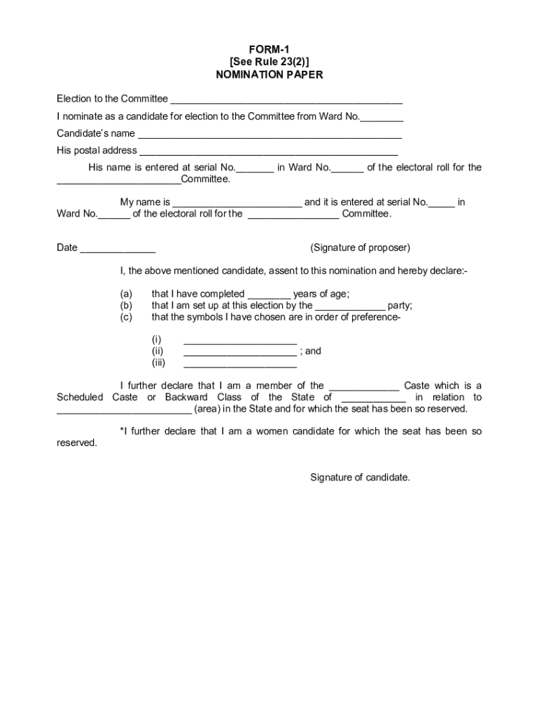 Fillable Online FORM-1 See Rule 23(2) NOMINATION PAPER Fax Email Print ...
