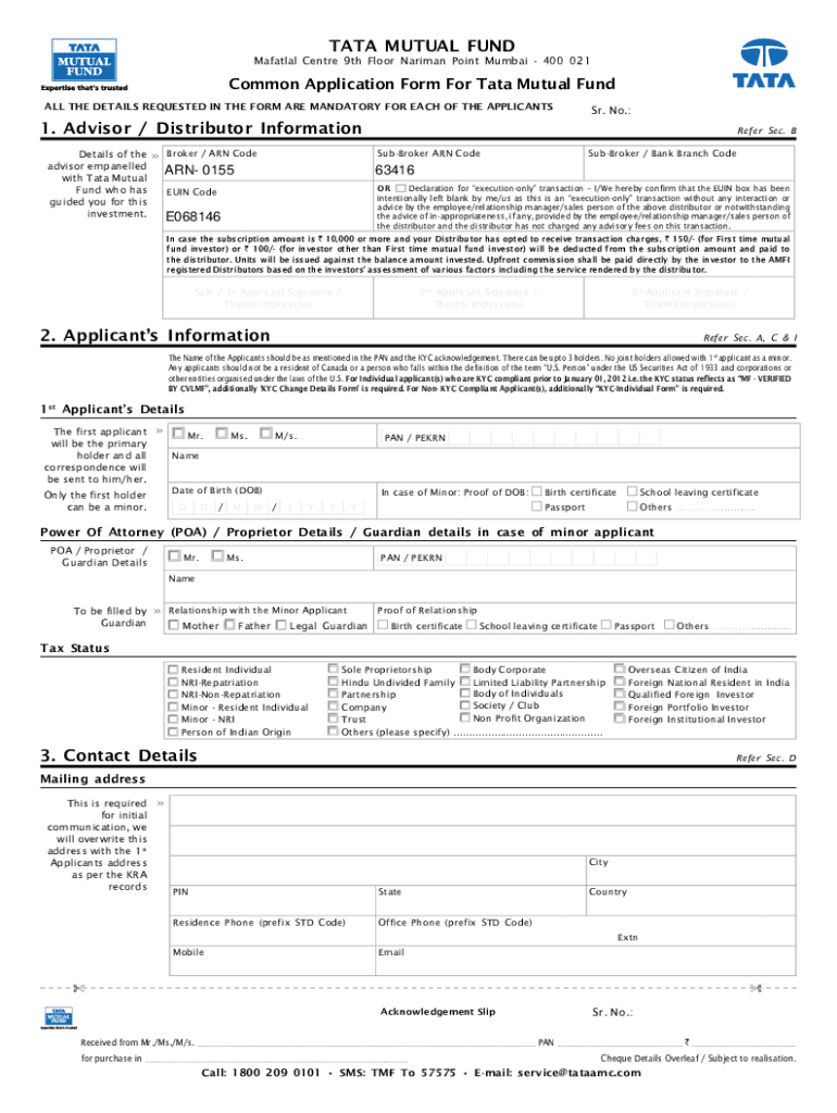 Fillable Online TATA MUTUAL FUNDApplication For Empanelment As A ...