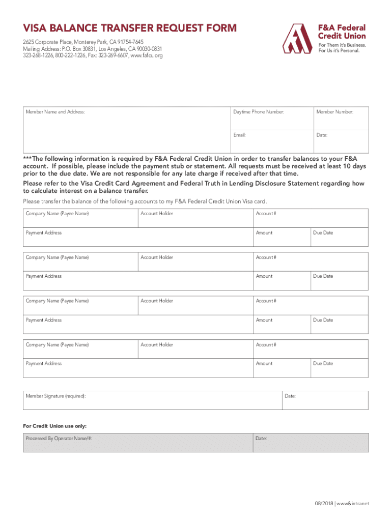 Fillable Online Visa Balance Transfer Request Form. Visa Balance ...