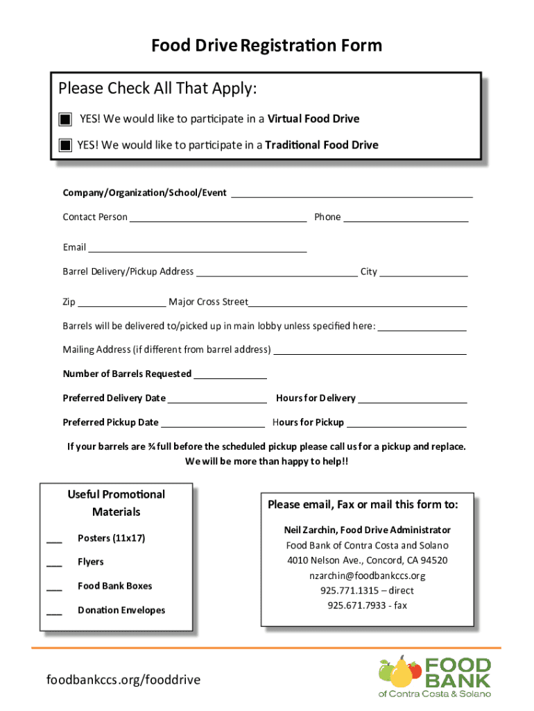 Fillable Online Food Drive Registration Form - Food Bank of Contra ...