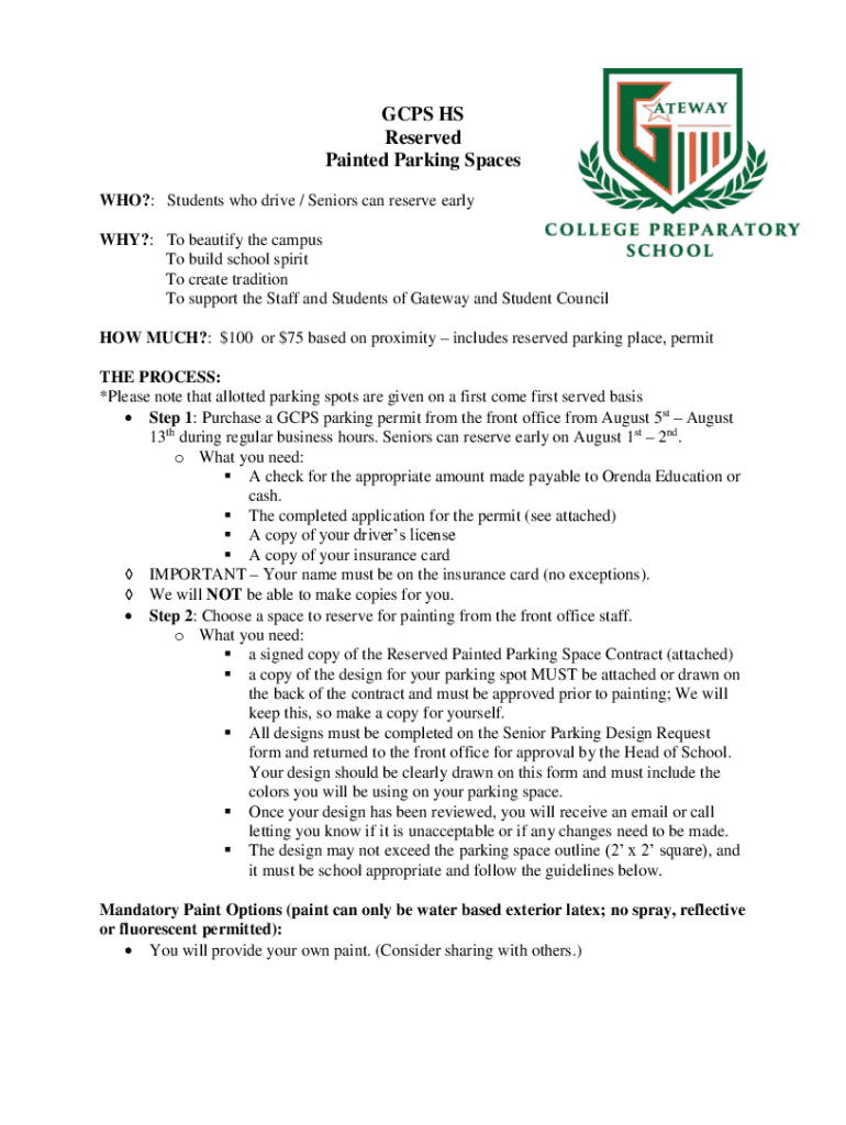 Fillable Online GCPS HS Reserved Painted Parking Spaces - Gateway High ...