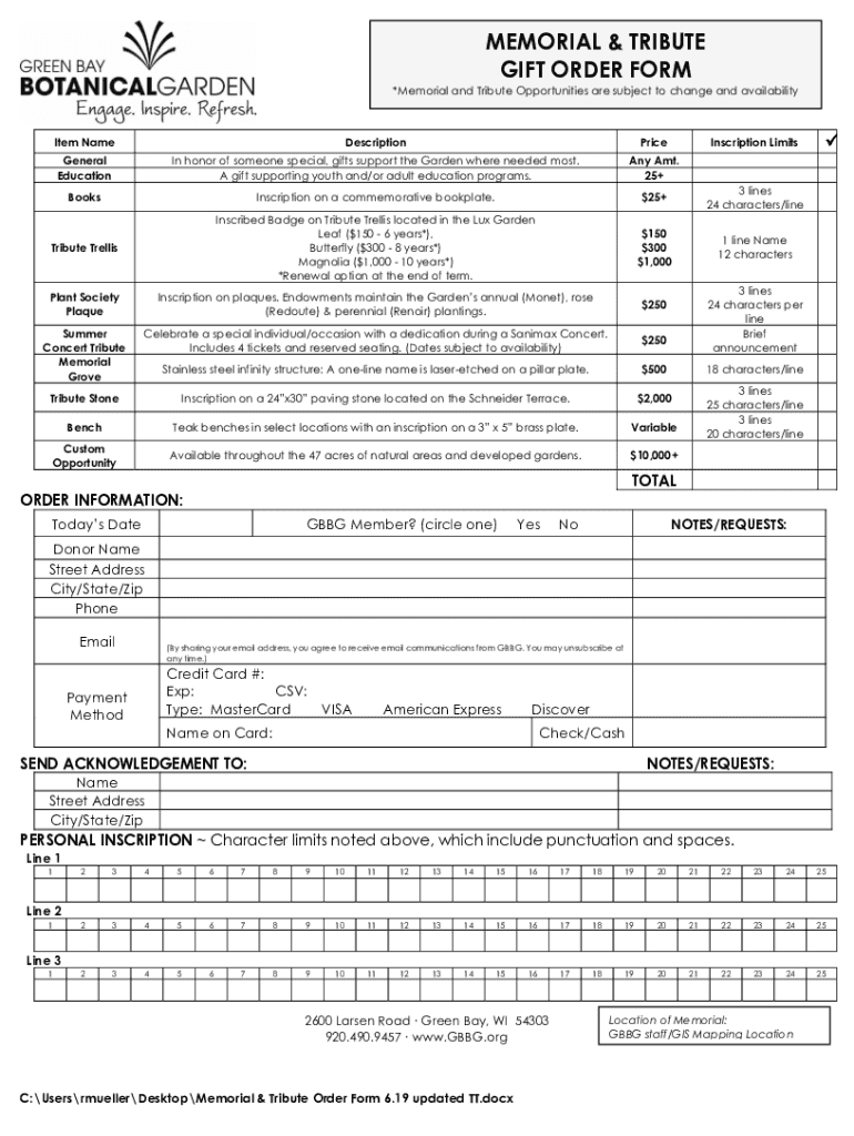 Fillable Online MEMORIAL & TRIBUTE GIFT ORDER FORM Fax Email Print ...