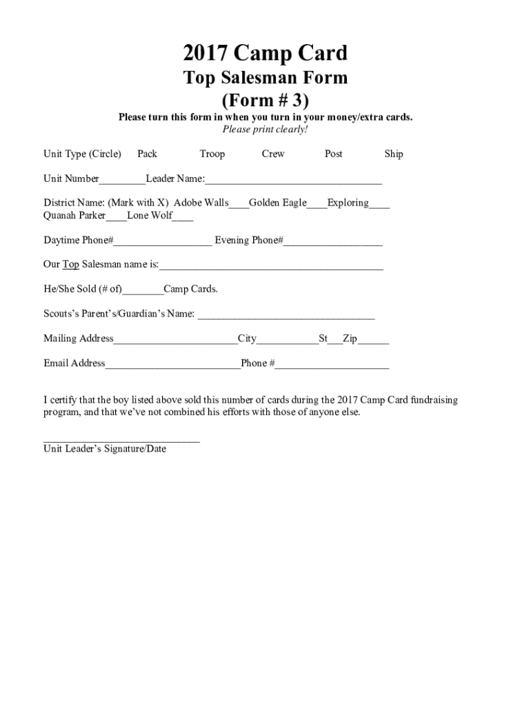 Fillable Online 2017 Camp Card Registration Form Reserve your camp ...