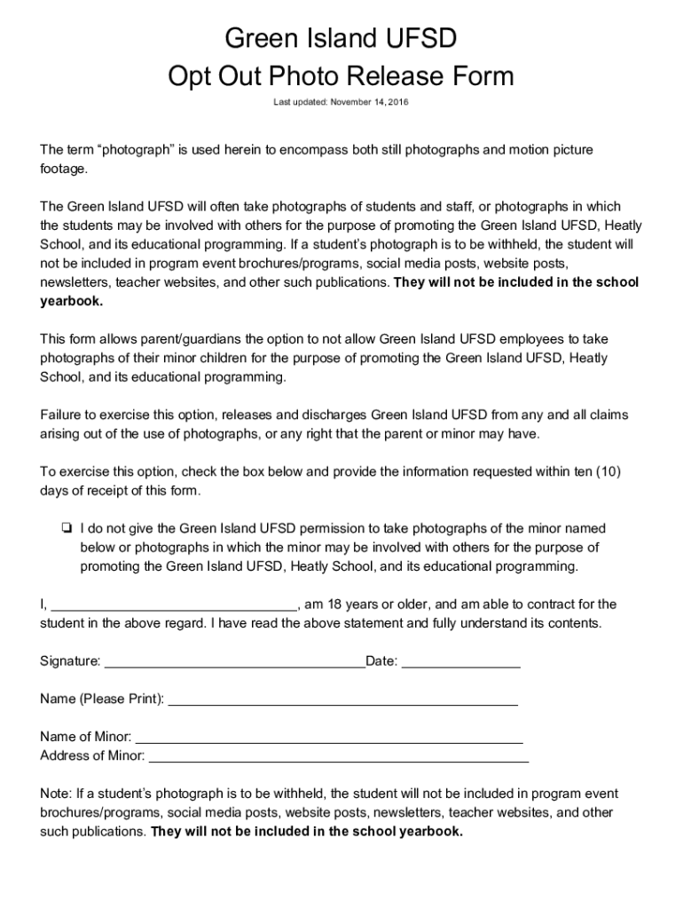 Fillable Online Opt Out Photo Release Form - Green Island School ...