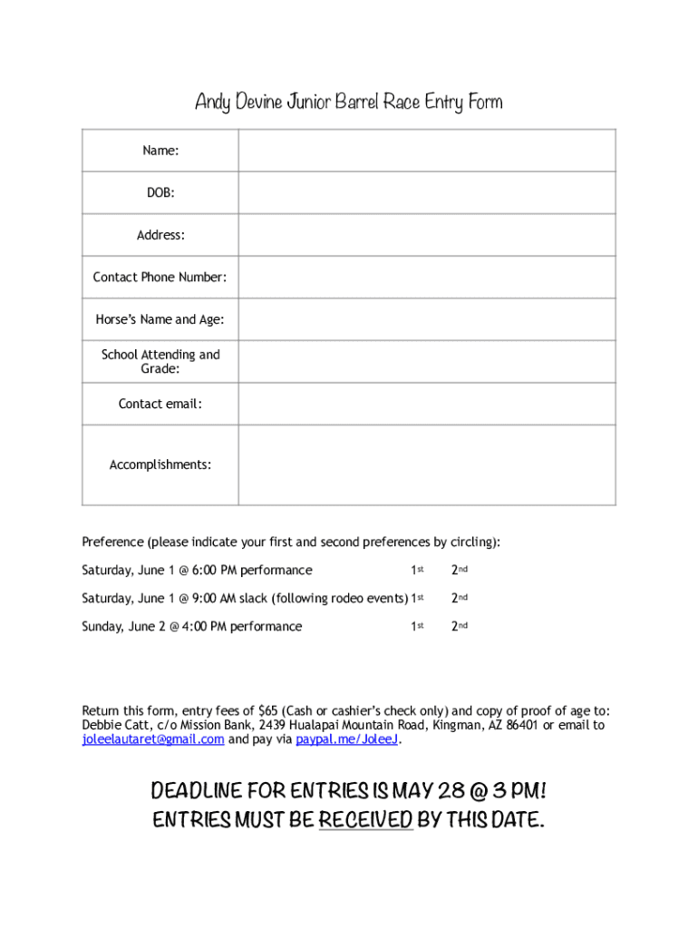 Fillable Online Andy Devine Days Junior Barrel Race Entry Form Fax ...