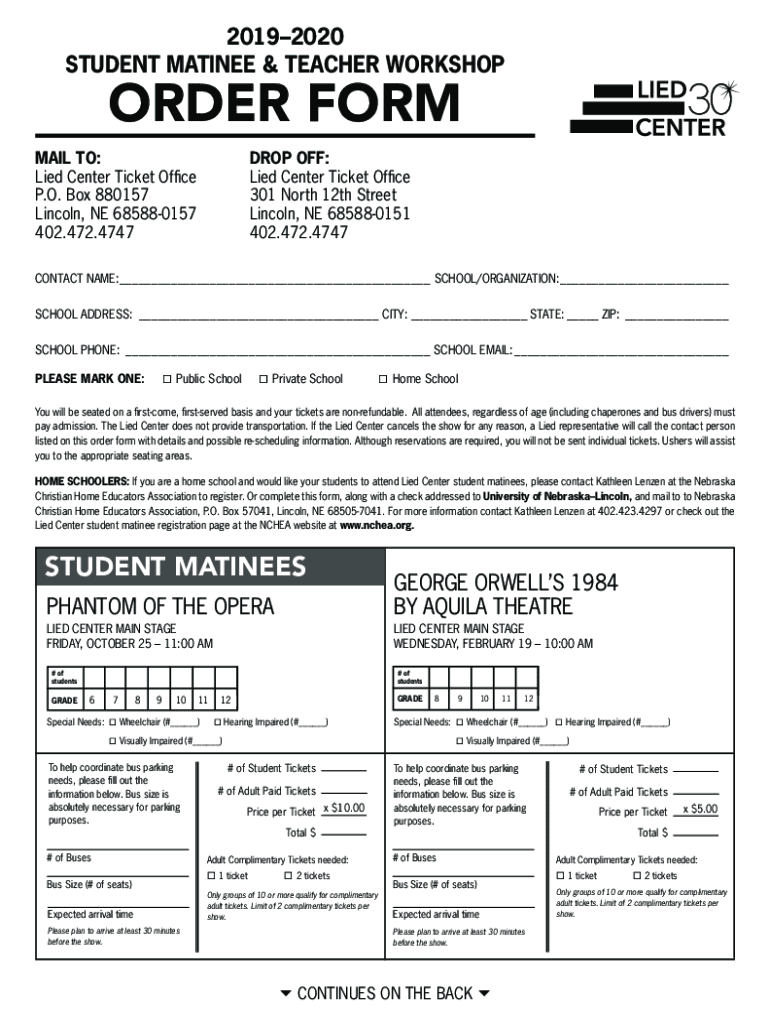 Fillable Online DROP OFF: ORDER FORM - Lied Center for Performing Arts ...