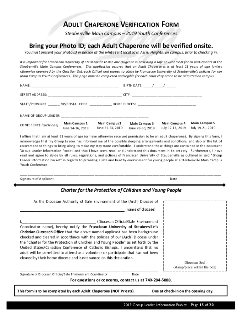 Fillable Online ADULT CHAPERONE VERIFICATION FORM - Steubenville ... Fax Email Print - pdfFiller