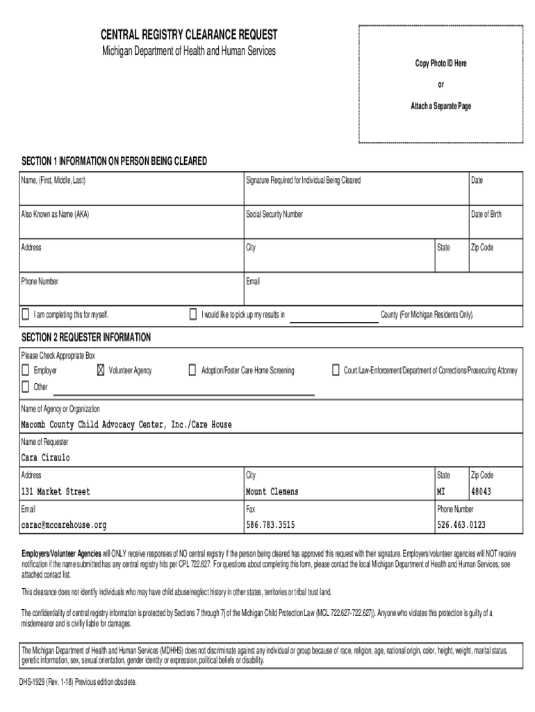 Fillable Online MDHHS - Central Registry Clearance RequestsMDHHS ...
