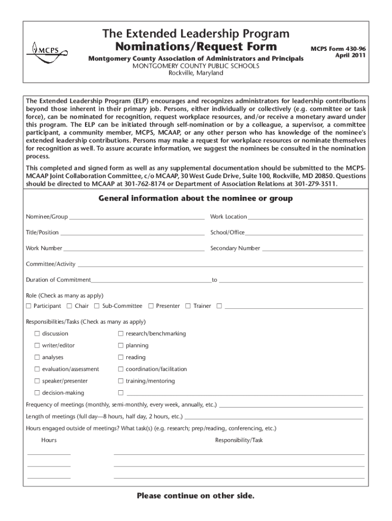 Fillable Online The Extended Leadership Program Nominations/Request Form MCPS ... Fax Email ...