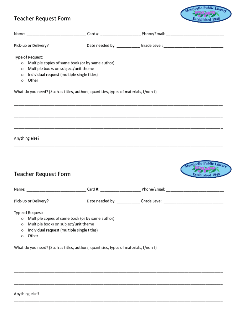 Fillable Online PDF Teacher Request Form - Monticello Public Library Fax Email Print - pdfFiller