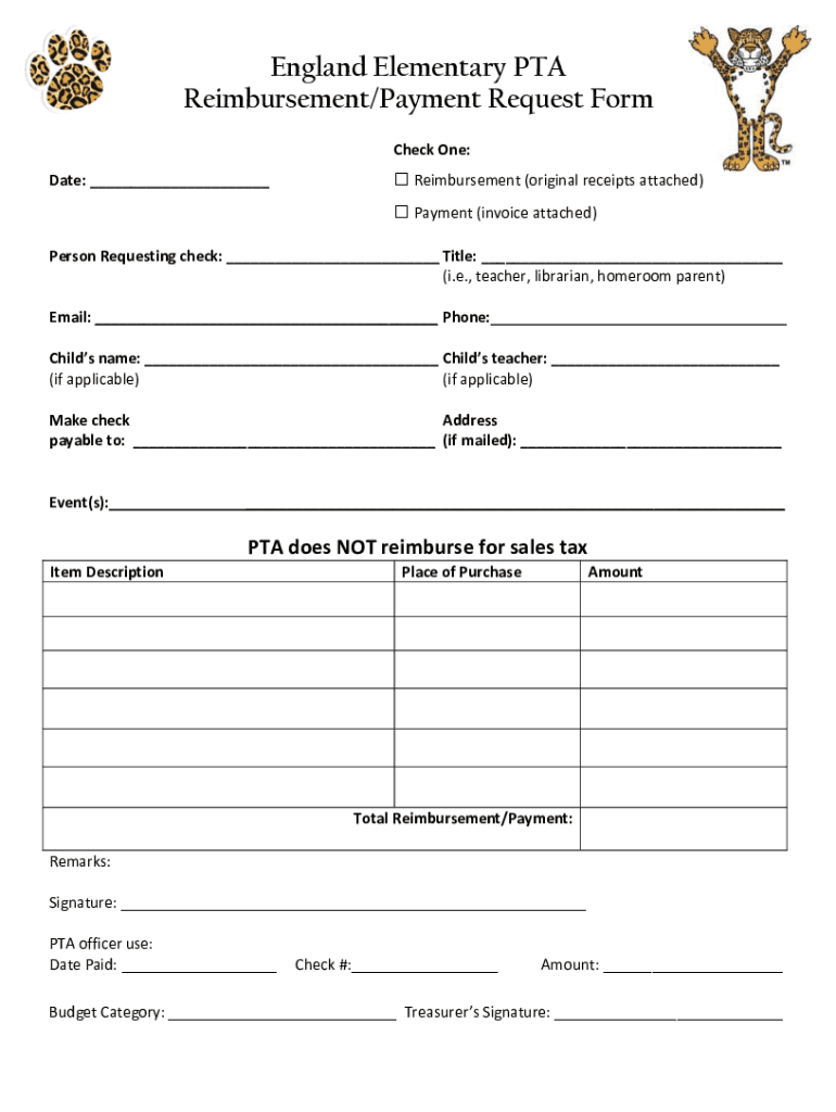 Fillable Online England Elementary PTA Reimbursement/Payment Request ...