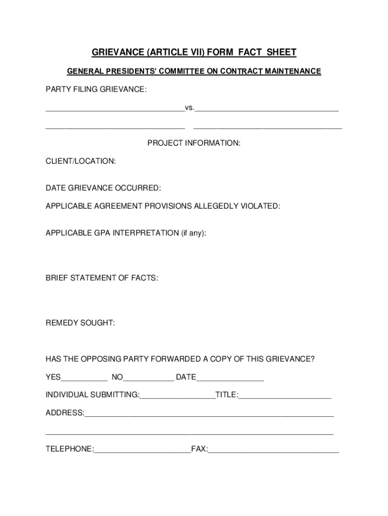 Fillable Online GRIEVANCE FORM FACT SHEET - nabtu.org Fax Email Print ...