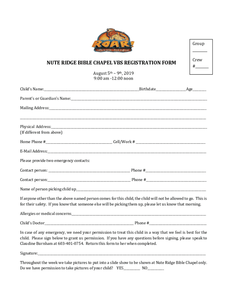 Fillable Online VBS Waiver Form - Bethel Christian Reformed Church Fax ...