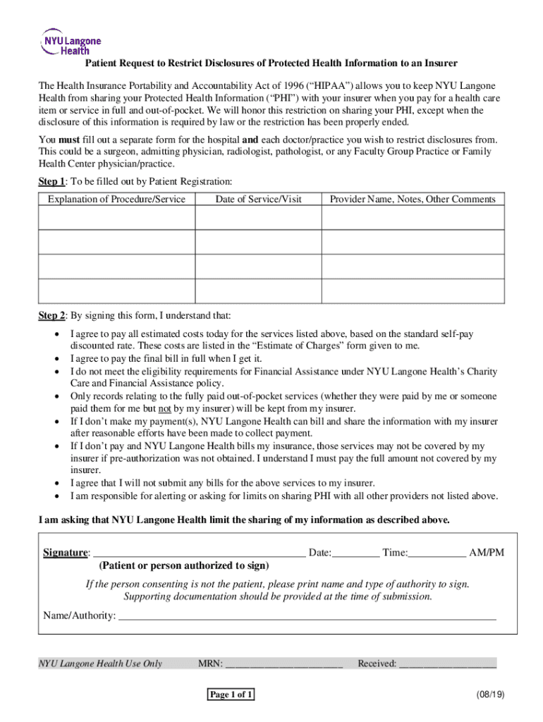 Fillable Online Patient Request to Restrict Disclosures of Protected Health ... Fax Email Print ...