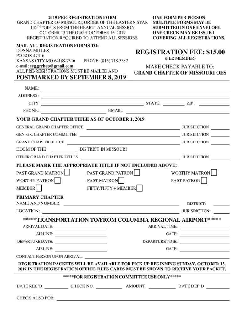 Fillable Online Pre-Registration Form - Missouri Eastern Star Fax Email ...