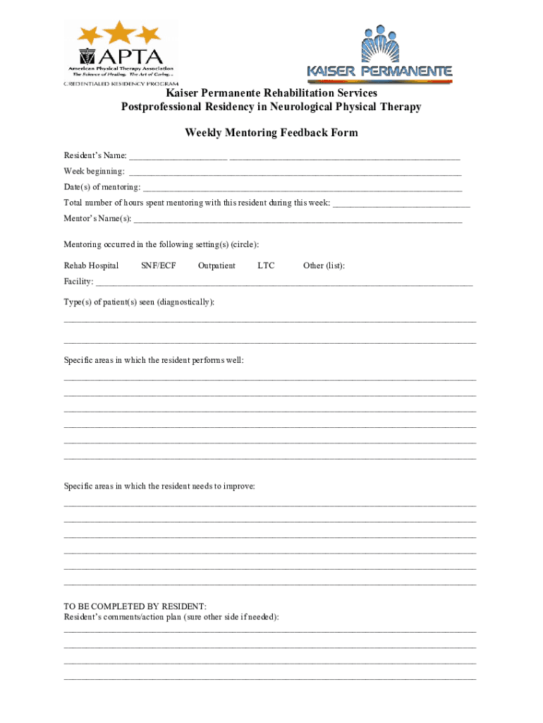 Fillable Online Weekly Mentoring Feedback Form KaiserNeuroResidency Fax ...