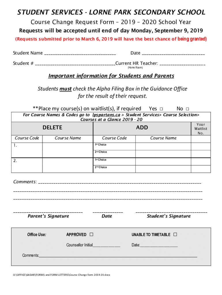 Fillable Online 2020 2021 Course Change Request Form - Peel District ...