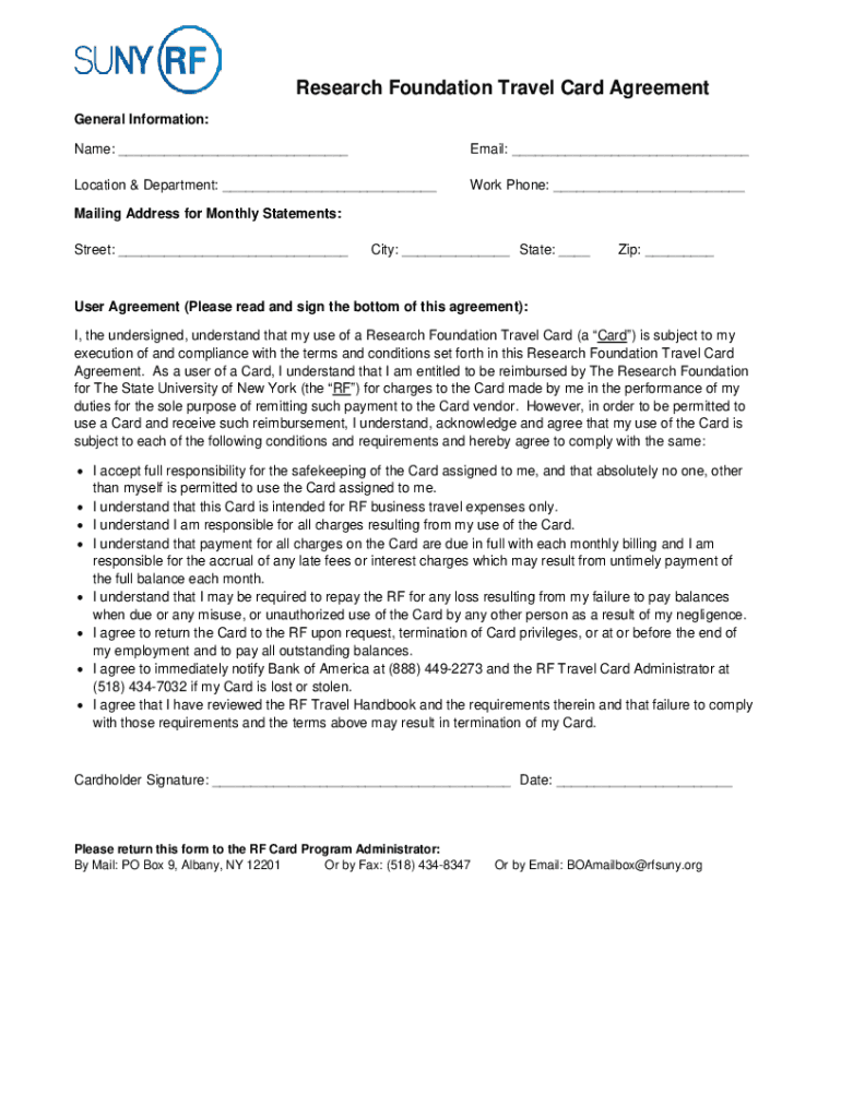 Fillable Online Research Foundation Travel Card Agreement - rfsuny.org ...