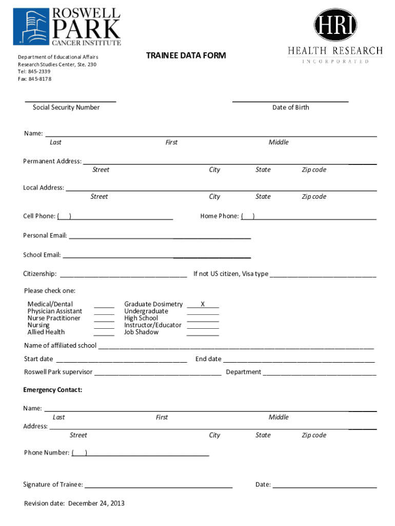 Fillable Online TRAINEE DATA FORM - Roswell Park Comprehensive Cancer ...