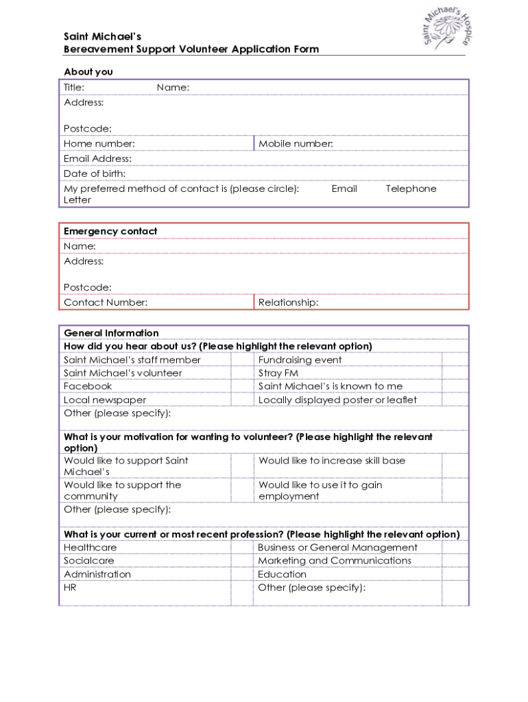 Fillable Online Bereavement Support Volunteer Application Form Fax ...