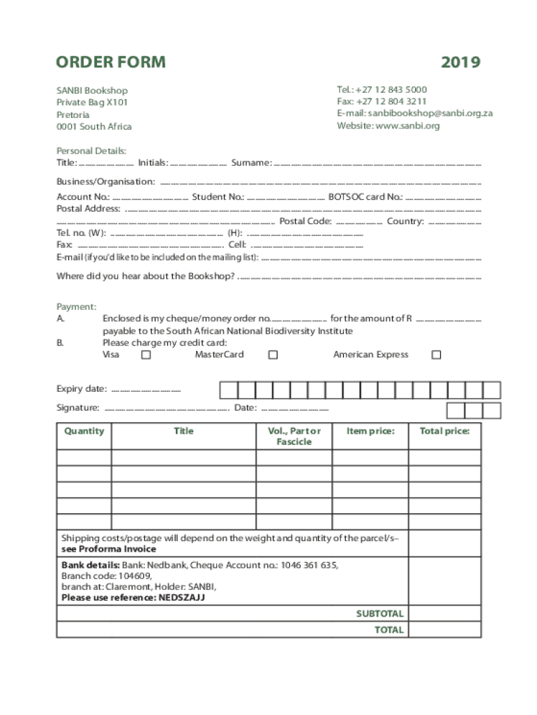 Fillable Online biodiversityadvisor sanbi ORDER FORM 2019 - South African National Biodiversity ...