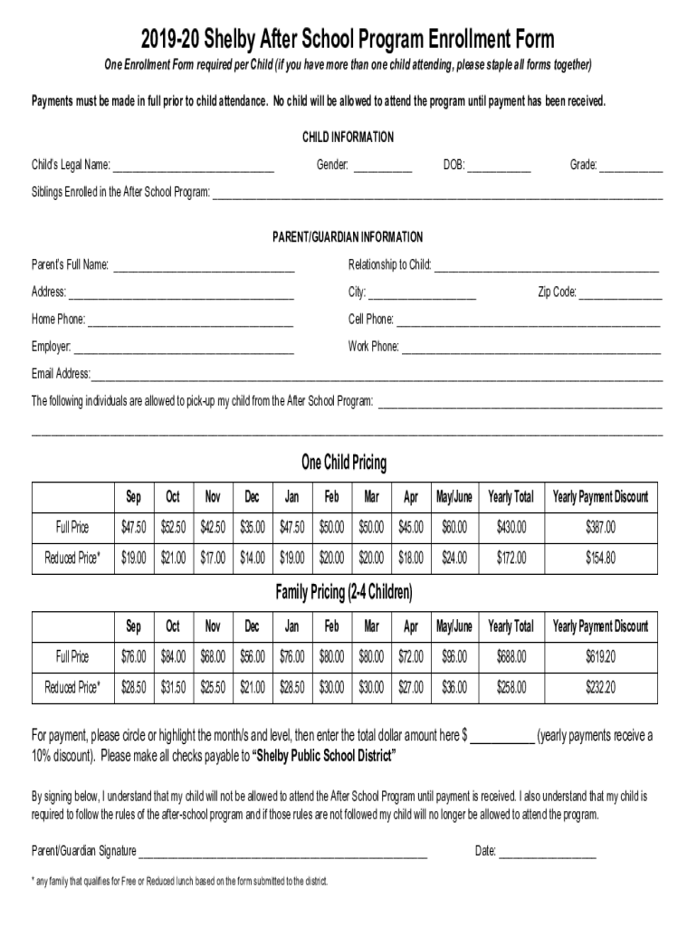 Fillable Online 2020-2021 After School Program Enrollment Form ...