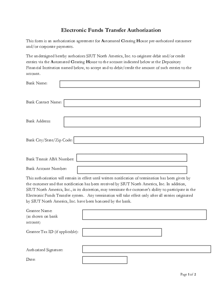 Fillable Online Electronic Funds Transfer (EFT) AuthorizationElectronic ...