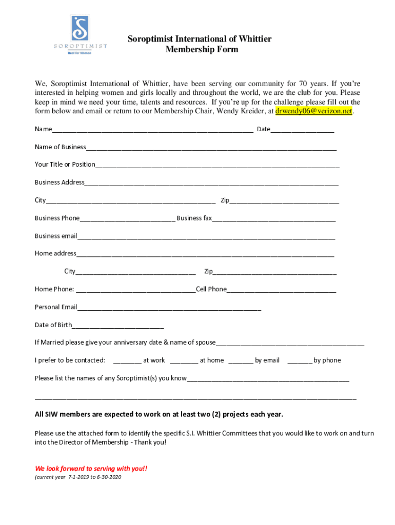 Fillable Online Soroptimist International of Whittier Membership Form ...