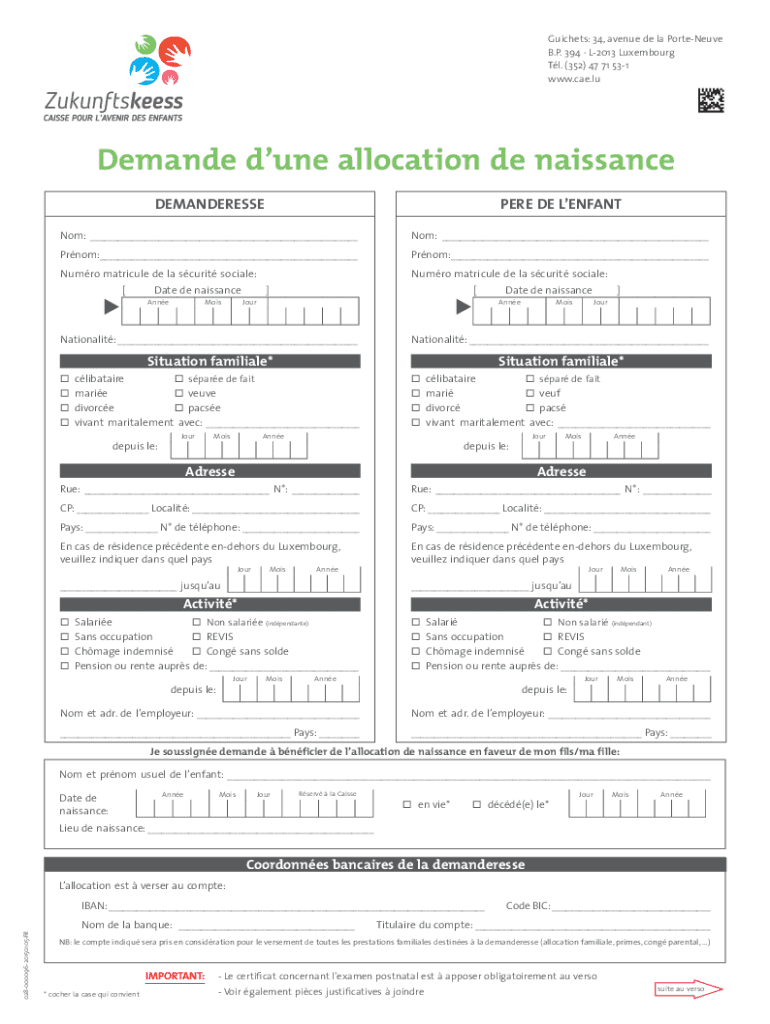 Formulaire Allocation Familiale Luxembourg - Remplir en ligne, Imprimé, Fillable, Vide | pdfFiller