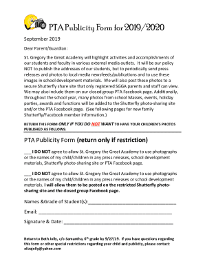 Fillable Online PTA Publicity Form for 2019/2020 Fax Email Print ...