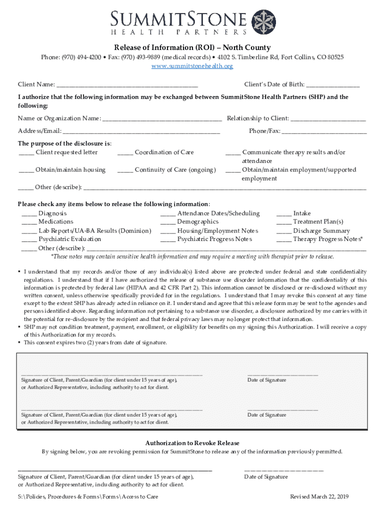 Fillable Online Release of Information (ROI) North County Fax Email ...