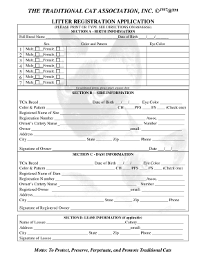 Fillable Online LITTER REGISTRATION APPLICATION - TCA, Inc. Registry ...