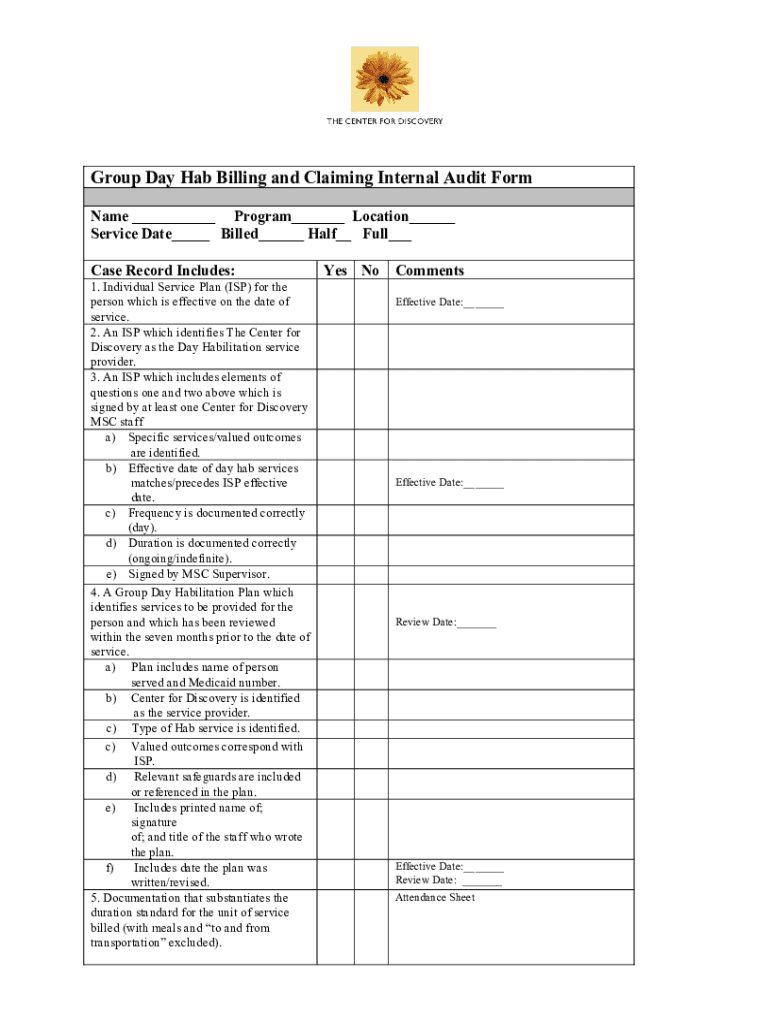 Fillable Online Group Day Hab Billing and Claiming Internal Audit Form ...