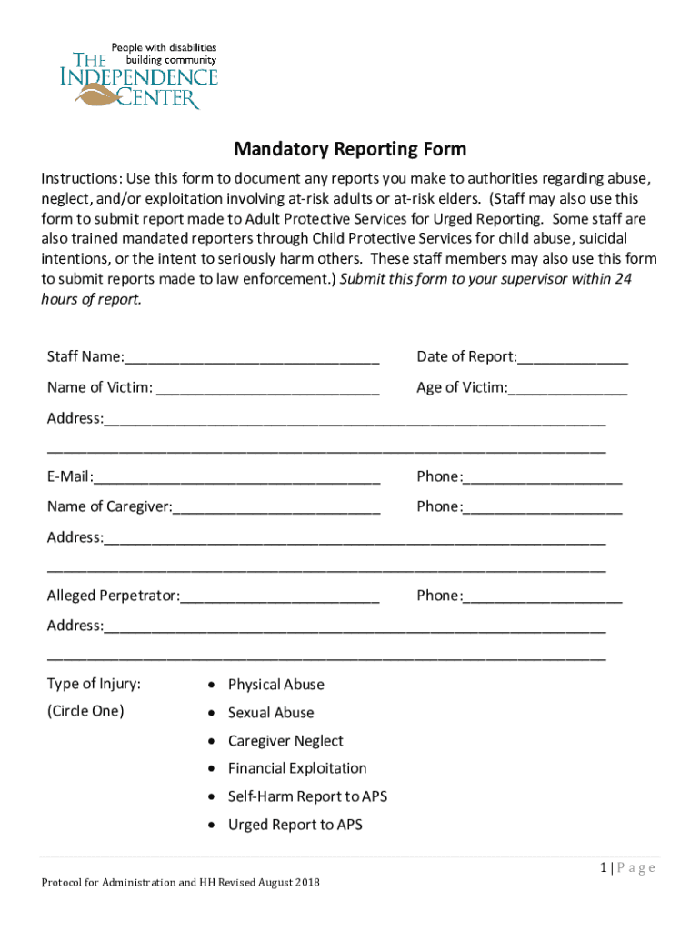Fillable Online Mandatory Reporting Form - theindependencecenter.org Fax Email Print - pdfFiller