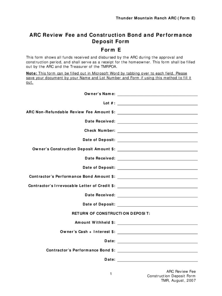 Fillable Online Form E TMR ARC Review Fee and Construction Deposit Form ...