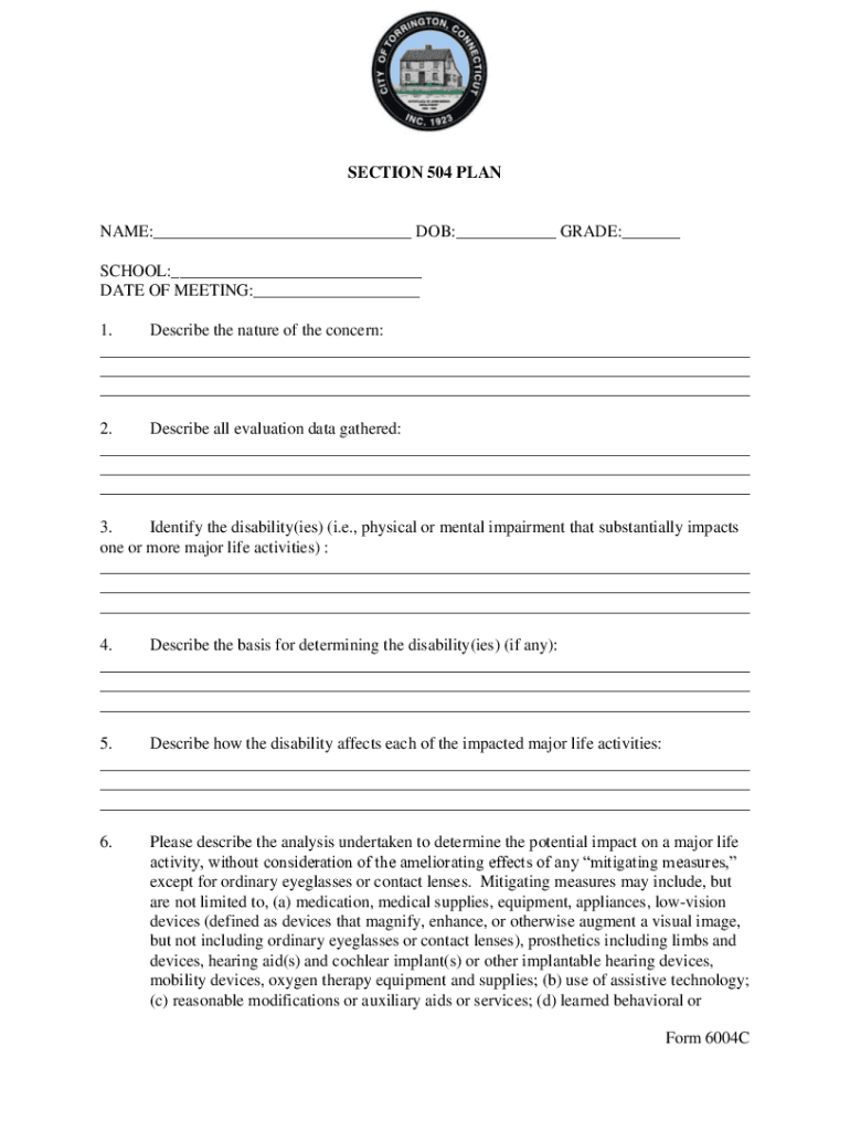 Fillable Online SAMPLE SECTION 504 PLAN/CHAPTER 15 SERVICE AGREEMENT ...