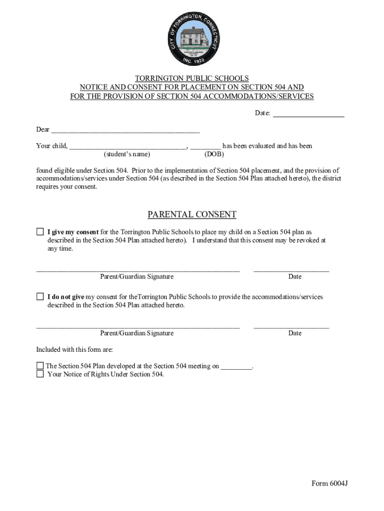 Fillable Online NOTICE AND CONSENT FOR PLACEMENT ON SECTION 504 AND ...