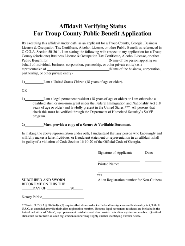 Fillable Online Affidavit Verifying Status For Troup County Public Benefit ... Fax Email Print ...
