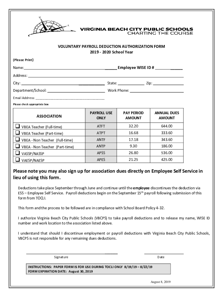 Fillable Online VOLUNTARY PAYROLL DEDUCTION AUTHORIZATION FORM 2019 ...