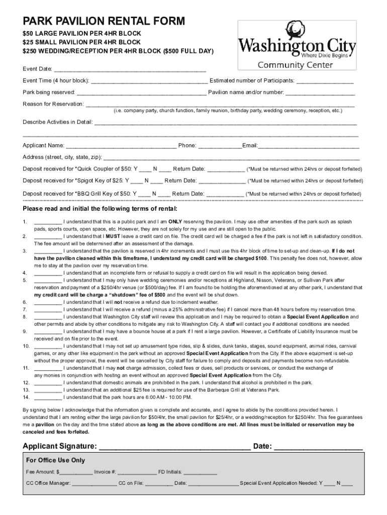 Fillable Online PARK PAVILION RENTAL FORM - Washington City Utah Fax ...