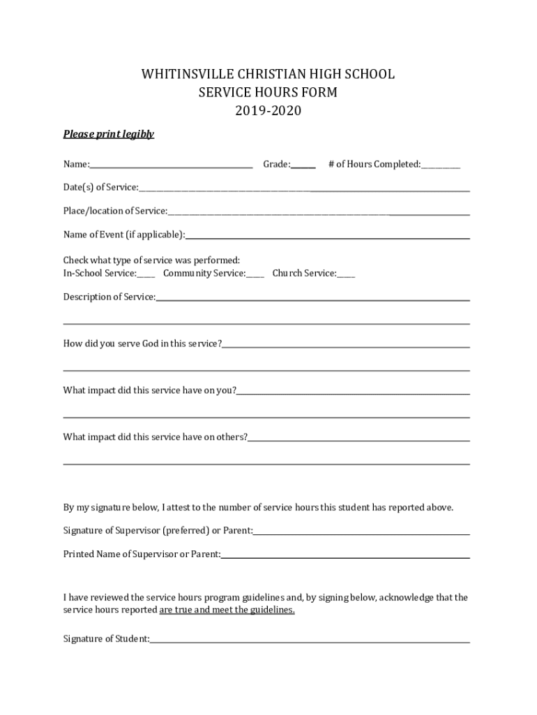 Fillable Online WHITINSVILLE CHRISTIAN HIGH SCHOOL SERVICE HOURS FORM ...