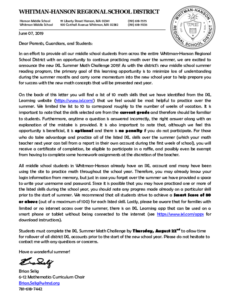 Fillable Online Whitman-Hanson Regional School District - Hanson Middle ...