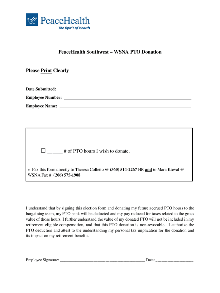 Fillable Online cdn wsna PeaceHealth SouthwestWSNA PTO Donation Please Print Clearly Fax Email ...