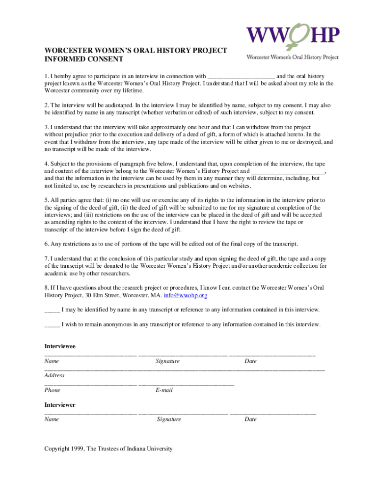 Fillable Online Consent Form - Worcester Women's Oral History Project ...
