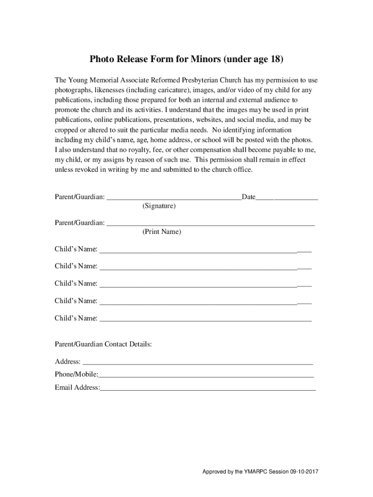 Fillable Online Free Minor (Child) Photo Release Form ...
