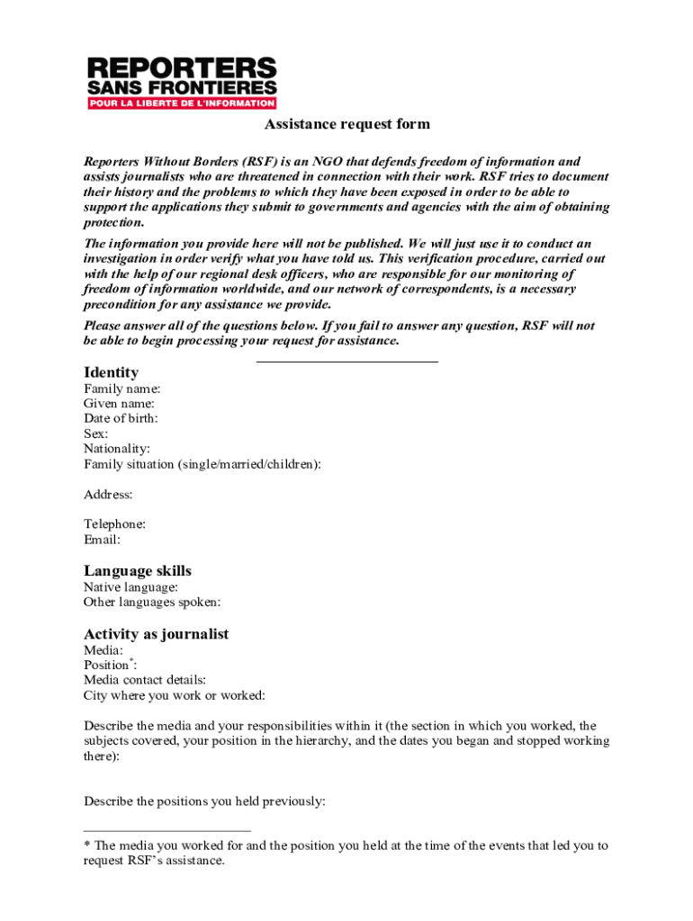 Fillable Online RSF Assistance Request Form 2019 Fax Email Print ...