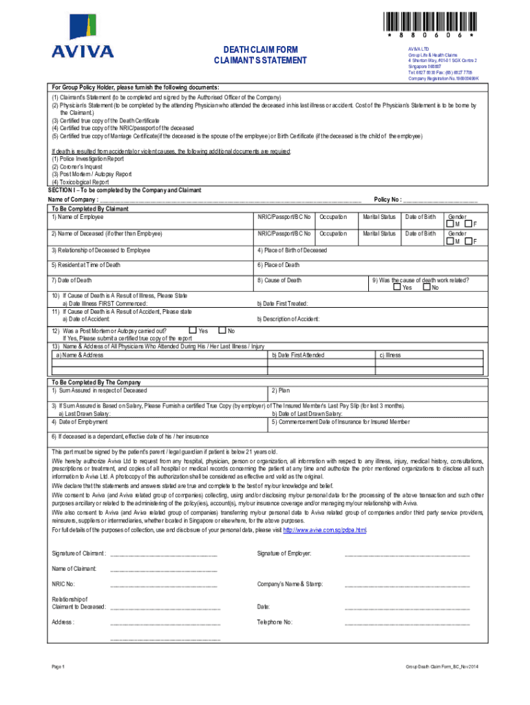 Fillable Online Get the DEATH CLAIM FORM CLAIMANT'S STATEMENT ...